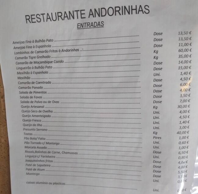 Menu em Andorinhas restaurante, Lisboa, Calçada da Ajuda 197