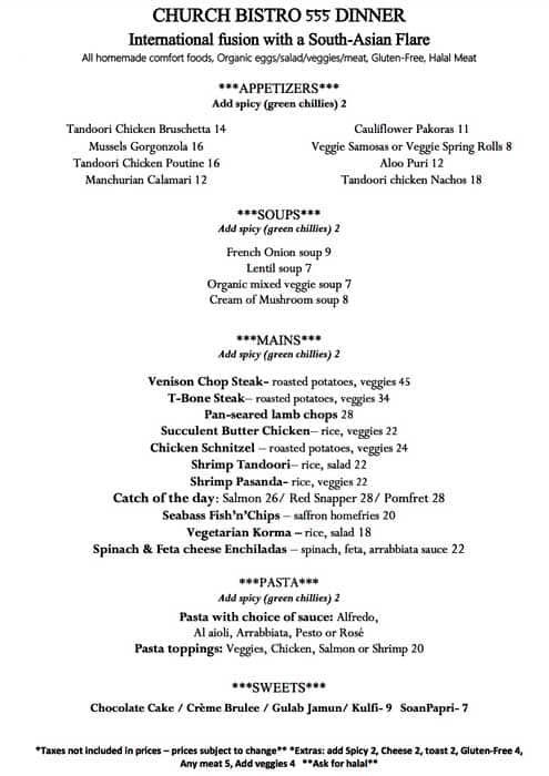 Menu at Church Pizza pub & bar, Toronto