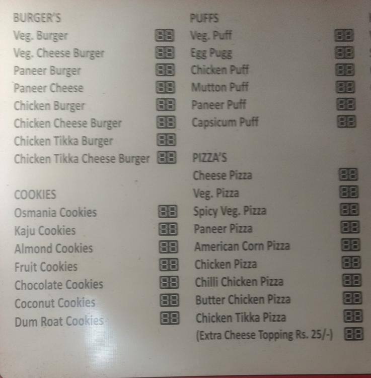 Menu at New G.S. Bakery, Hyderabad