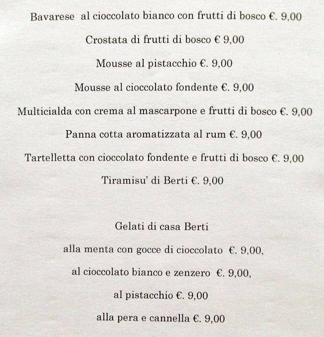 Menu da Da Berti ristorante, Milano