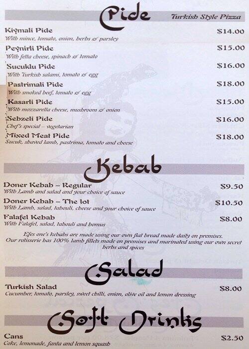 Menu at Efes One restaurant, Albion