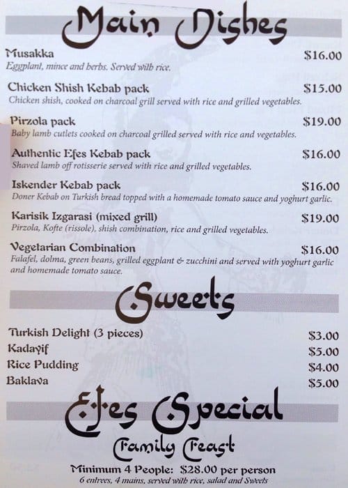 Menu at Efes One restaurant, Albion