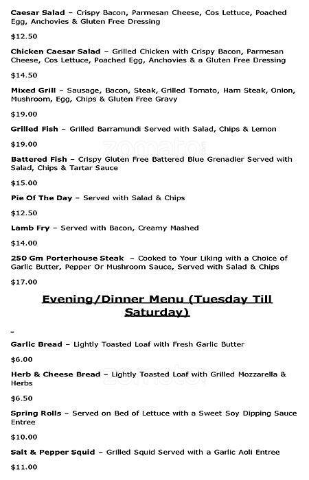 Menu at Sir Charles Hotham Hotel pub & bar, Geelong