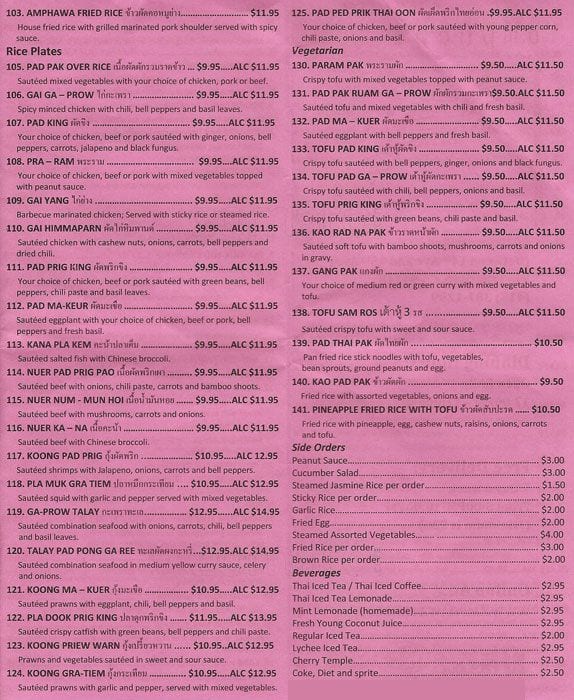 Menu at Amphawa Thai Noodle House restaurant, San Francisco