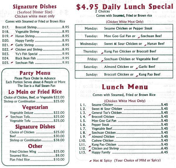 Menu at Yu's Asian Diner restaurant, Plano