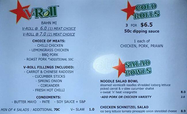 Menu at V Roll cafe, Adelaide