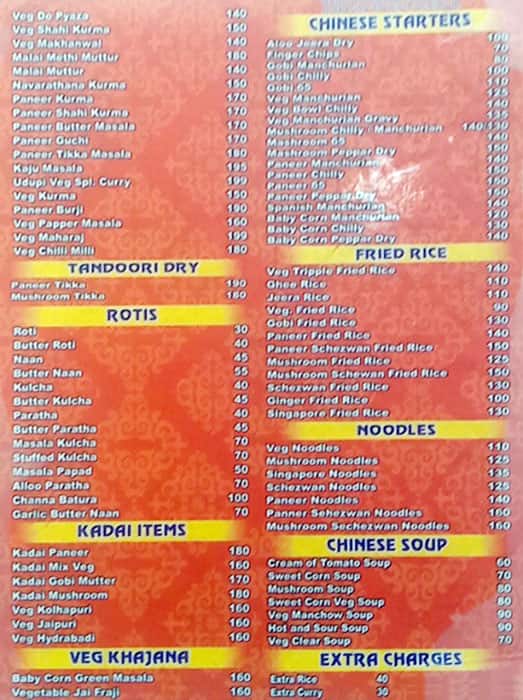 Menu of New Udupi Veg, Yelahanka, Bangalore