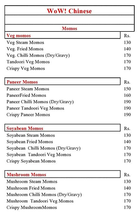Menu of Wow! Chinese, Sector 61, Noida