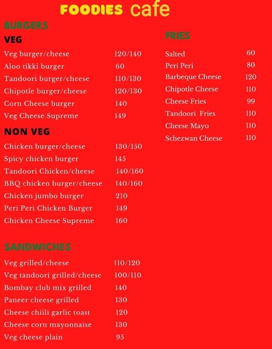 Menu of Foodies Cafe, Lonavala, Pune