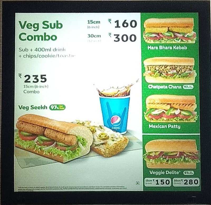 Menu at subway Malad, Mumbai