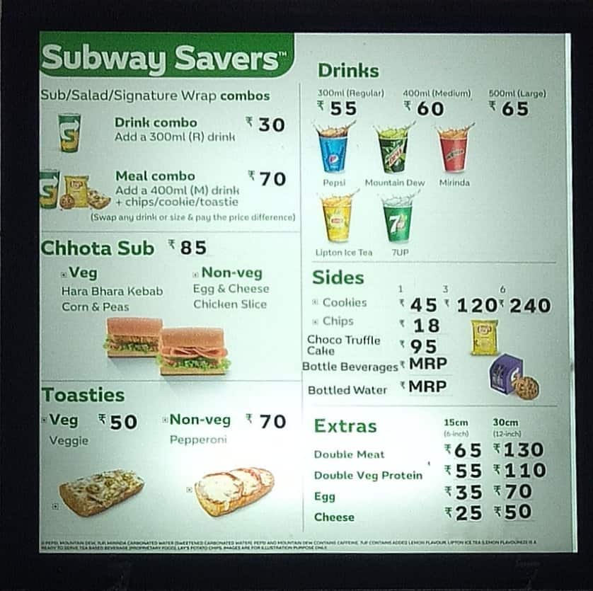 Menu at subway Malad, Mumbai