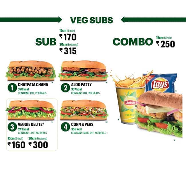 Menu of Subway, Bandra Kurla Complex, Mumbai