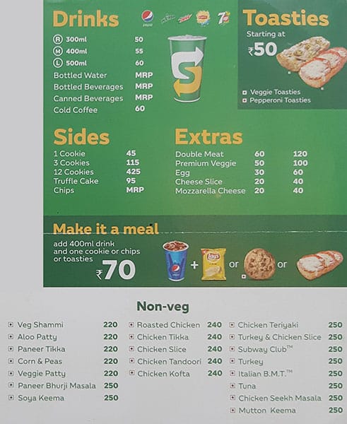 Menu at subway Malad, Mumbai