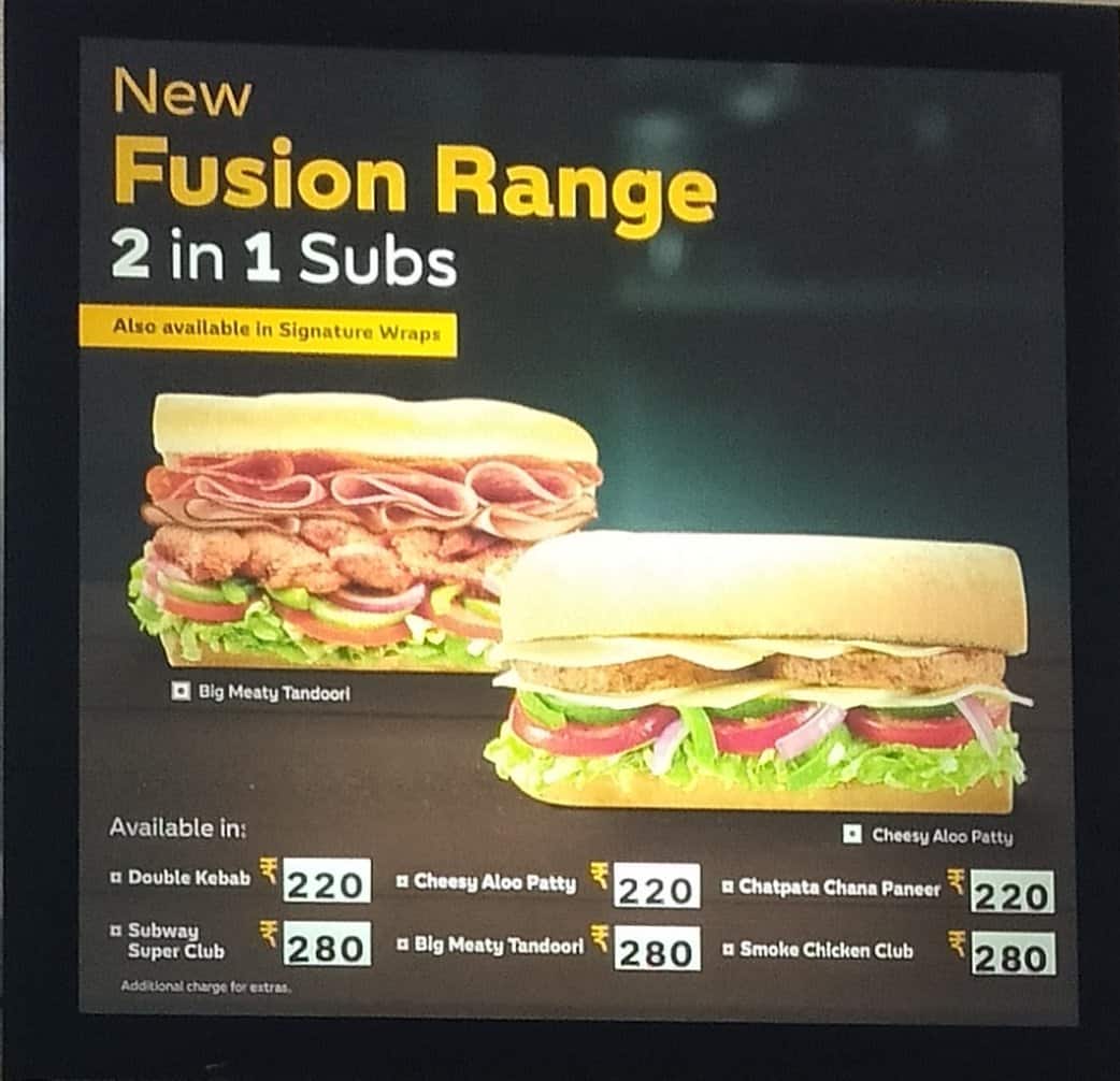 Menu at subway Malad, Mumbai