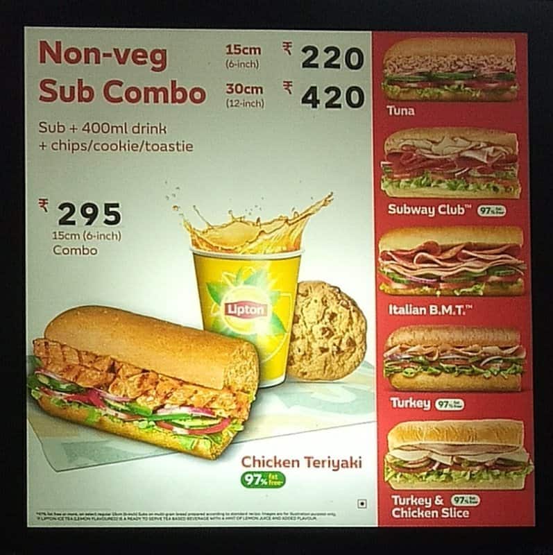 Menu at subway Malad, Mumbai