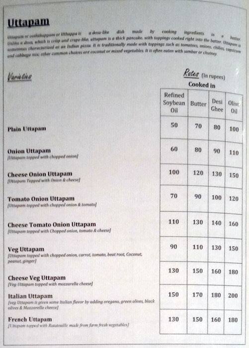 Menu at Dosa Cafe, Varanasi