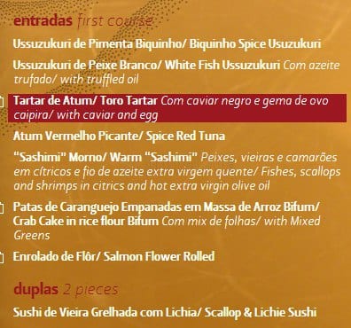Menu at Sushi Leblon restaurant, Rio de Janeiro