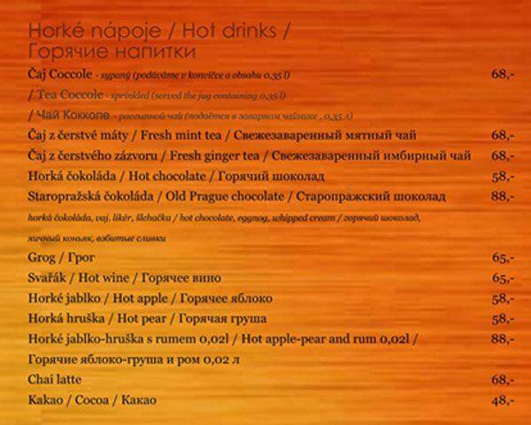 Menu at café Melvin cafe, Prague, Pohořelec 147