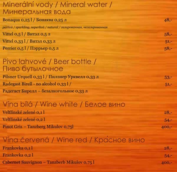 Menu at café Melvin cafe, Prague, Pohořelec 147