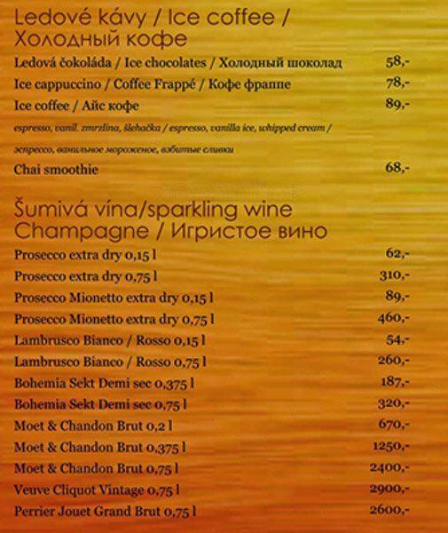 Menu at café Melvin cafe, Prague, Pohořelec 147