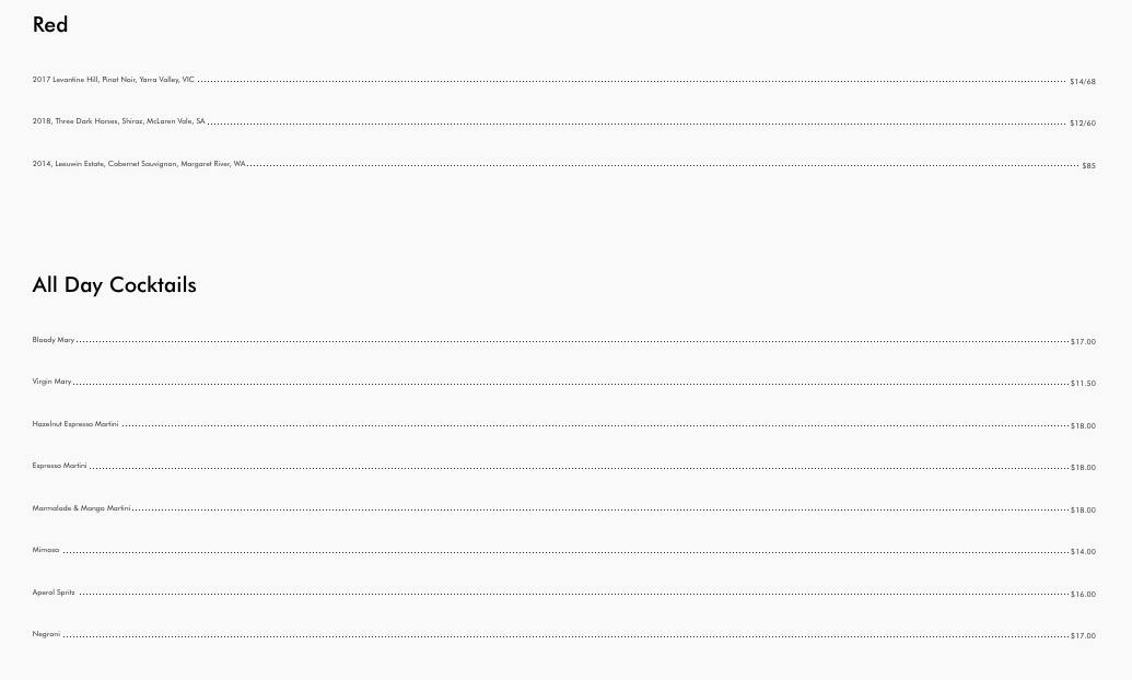 Menu at Top Paddock Cafe, Richmond