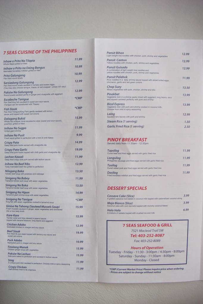 Menu at 7 Seas Restaurant, Calgary