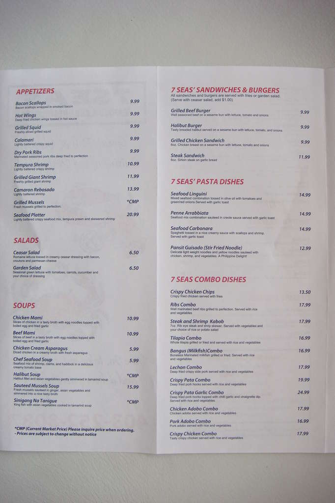 Menu at 7 Seas Restaurant, Calgary