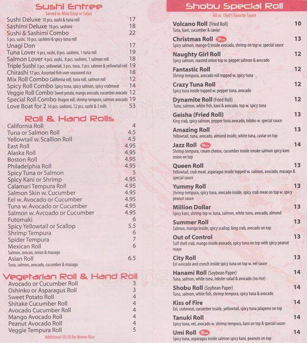 Menu at Shobu Sushi restaurant, New York City