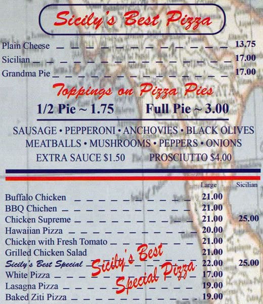 Menu at Sicily's Best pizzeria, New York City
