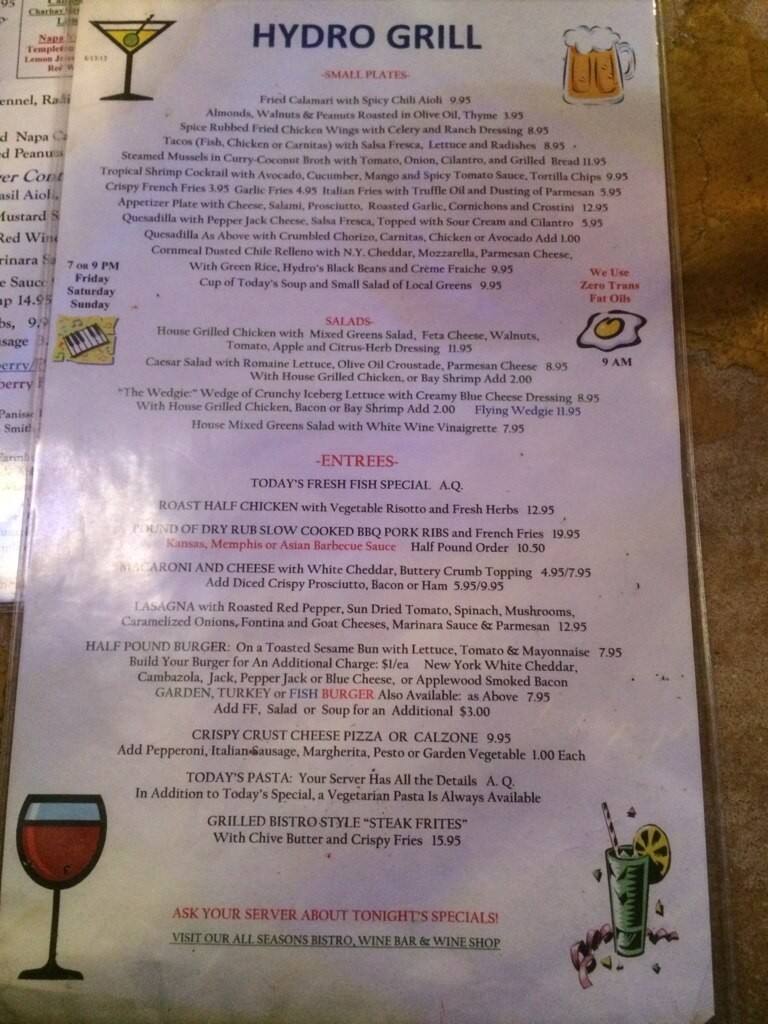 Menu at Hydro Grill pub & bar, Calistoga