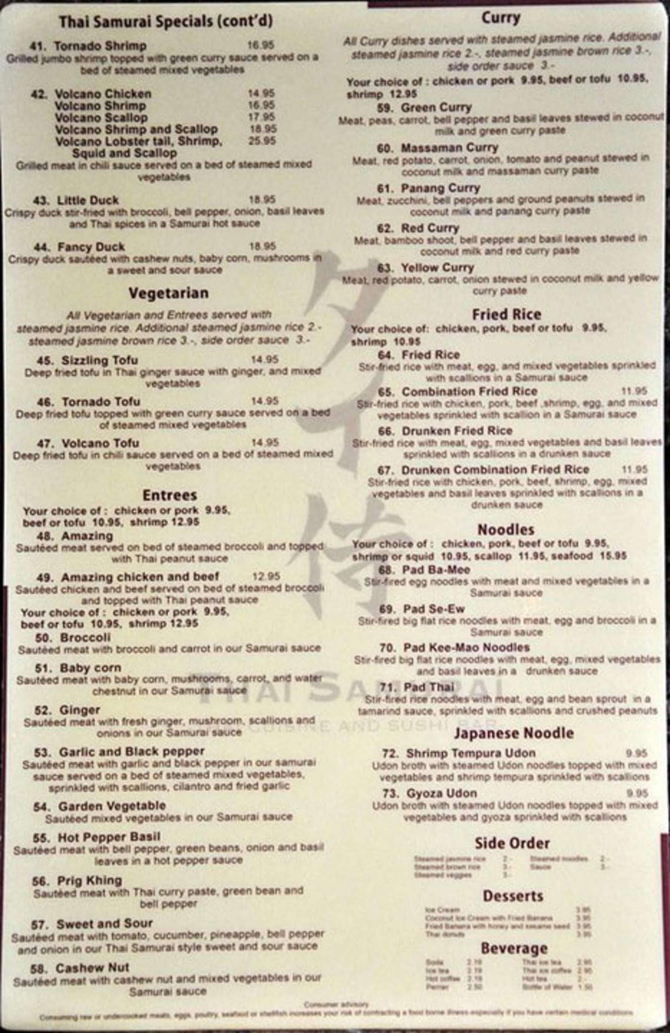 Menu at Thai Samurai Restaurant, New Port Richey, Little Rd