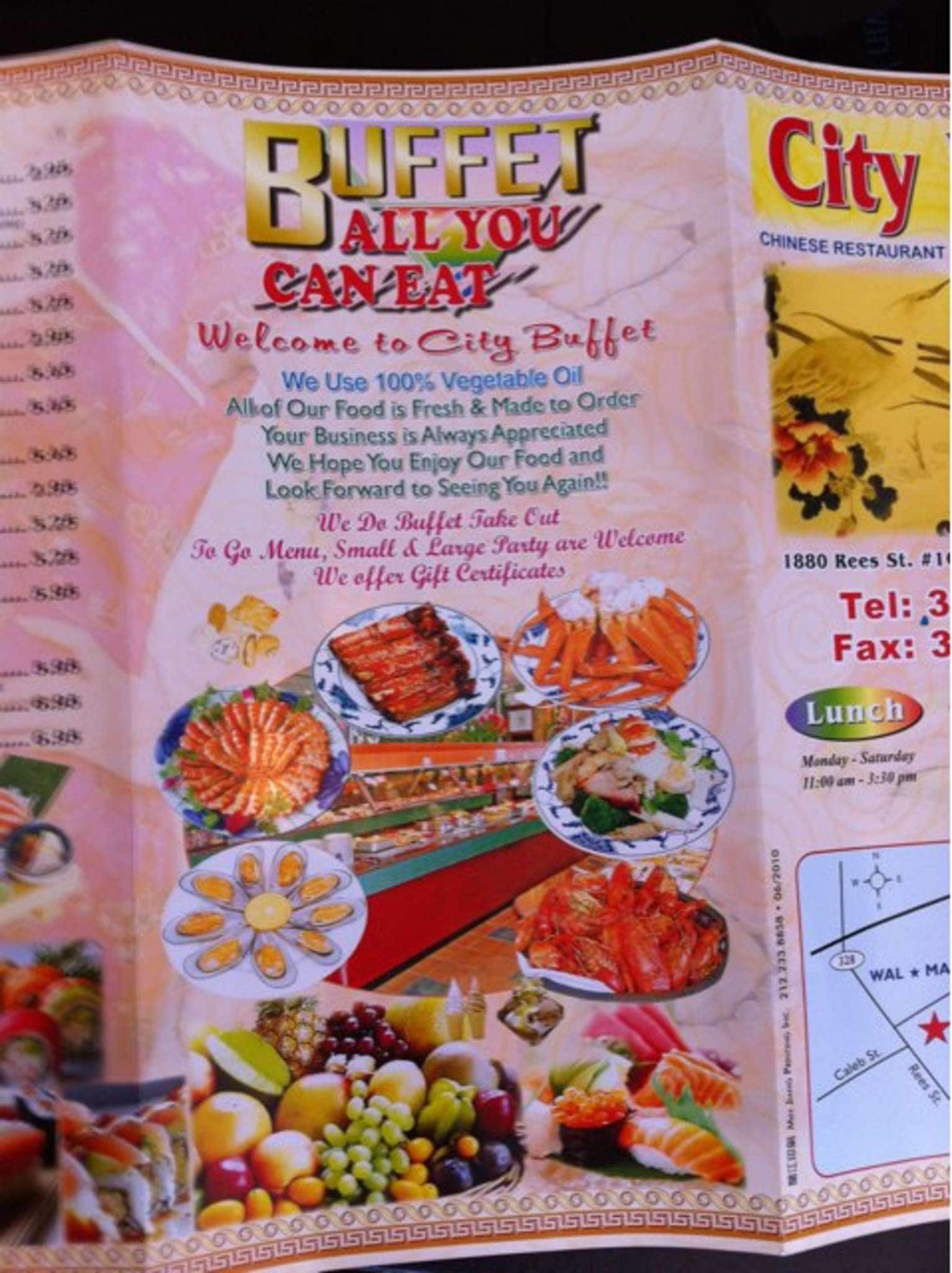 Menu at City Buffet restaurant, Breaux Bridge