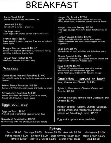 Hangar Cafe Restaurant Menu, Menu for Hangar Cafe Restaurant, Coburg ...