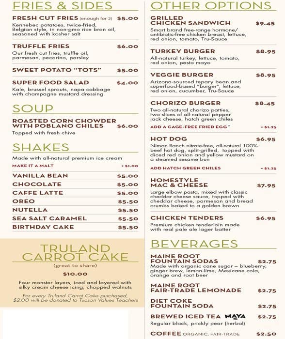 Menu at Truland Burgers & Greens restaurant, Tucson
