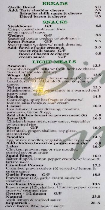 Menu at Dag Pub & Motel, D'Aguilar
