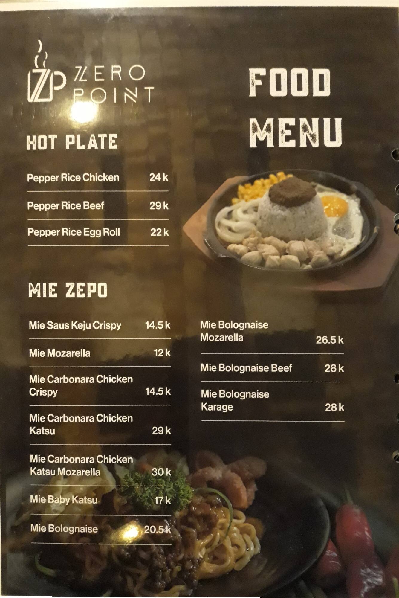 Menu at Zero Point cafe, Bandung