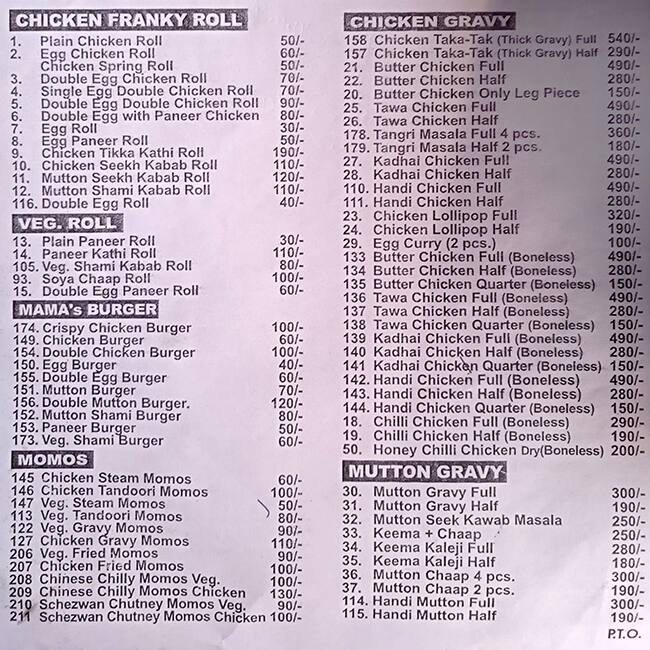 Menu of Mama Chicken Mama Franky House, Agra Cantt, Agra