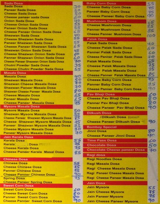 Menu at Real Fresh Dosa Corner, Bengaluru, XP78+VH2