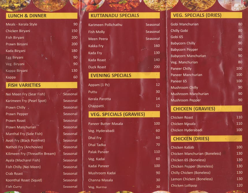 Kuttanad Restaurant Menu, Menu for Kuttanad Restaurant, Nagawara ...