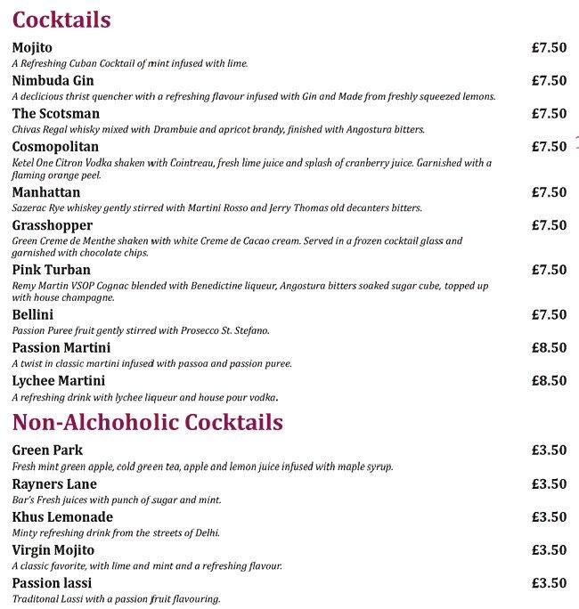 Menu at Mantra Lounge restaurant, Hounslow, 253 Bath Rd