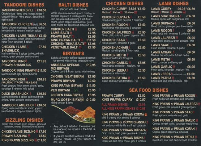 Menu at Anuraag Tandoori Restaurant, London