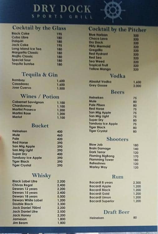 Menu at Dry Dock Sports Grill pub & bar, Parañaque