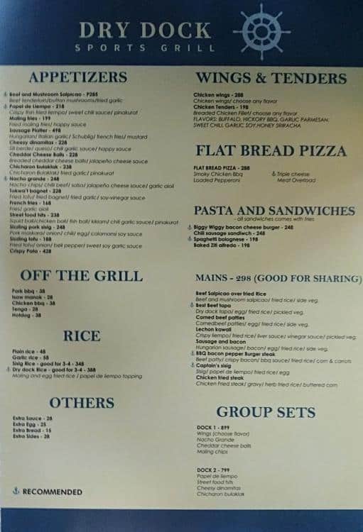 Menu at Dry Dock Sports Grill pub & bar, Parañaque