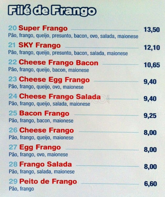 Menu at Sky's Burger fast food, Brasília, Quadra Cls 106