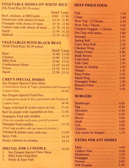 Menu at Sea Dragon, Auckland