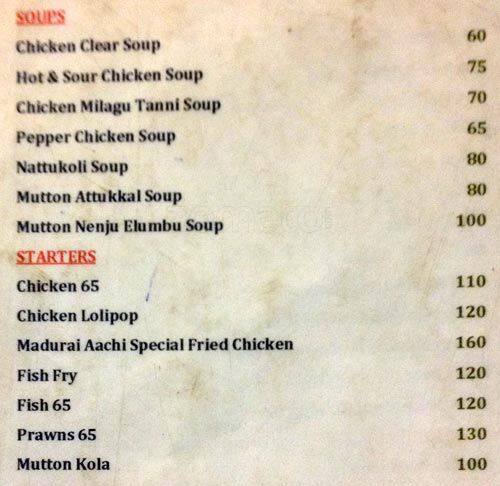 Menu at Madurai Aachi, Chennai