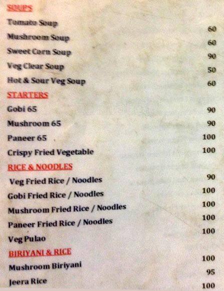 Menu at Madurai Aachi, Chennai