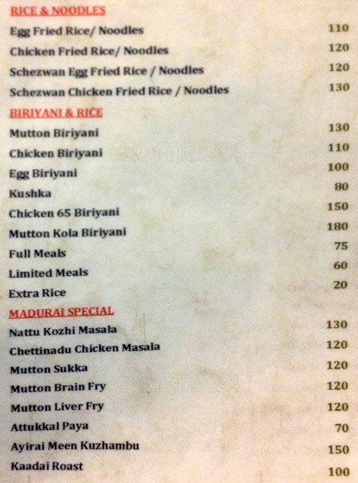 Menu at Madurai Aachi, Chennai