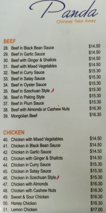 Menu at Panda Chinese Takeaway fast food, Wynnum West