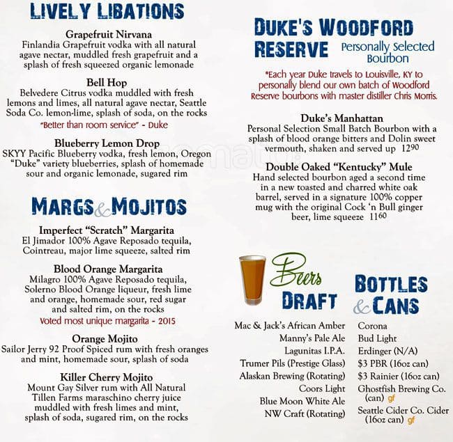 Menu at Duke's Seafood restaurant, Seattle, Alki Ave SW